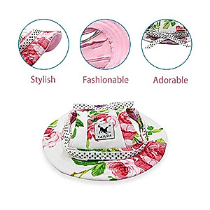 YAODHAOD Pet Round Brim Princess Cap Visor Hat Dog Outdoor Mesh Porous Breathable Sun Protection Cap with Ear Holes and Adjustable Chin Strap for Small Dogs Pug Chihuahua Shih Tzu (Flowers, M)