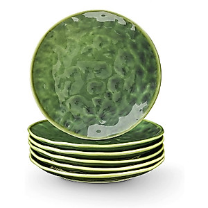 Ceramic Round Dessert Salad Plates - 8 Inch, Set of 6, Microwave, Oven, and Dishwasher Safe, Scratch Resistant, Porcelain Fluted Suitable for Snacks, Appetizer, Home, Party (Green)
