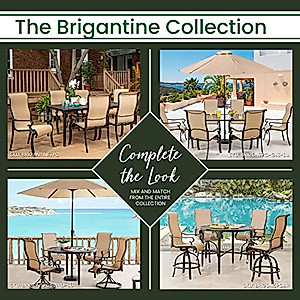 Hanover Brigatine 7-Piece Modern Patio Dining Set with 6 Quick-Dry Tan Sling Chairs and 40"x70" Square Cast-Top Table, All-Weather Outdoor Furniture Set for Backyard and Deck