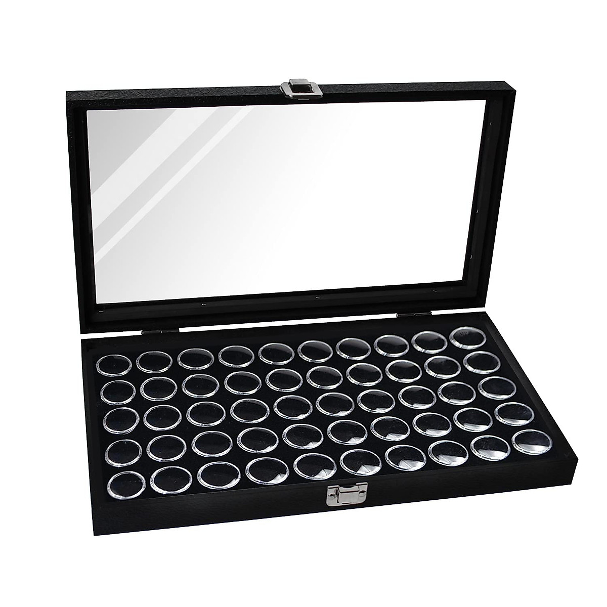 MOOCA Black Glass Top Jewelry Display Case Box 50 Gem Jars, Ring Box, Jewelry Organizer, Gem jar storage for Jewelry, Glass Display Box, storage Tray