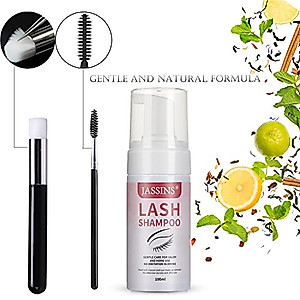 JASSINS Lash Shampoo for Lash Extensions, Eyelash Extension Cleanser Kit,100ml Shampoo/Cleaning Brush/Rinse Bottle/Mascara Brush/Eye Pads,No stimulation,For Professional & Self Use