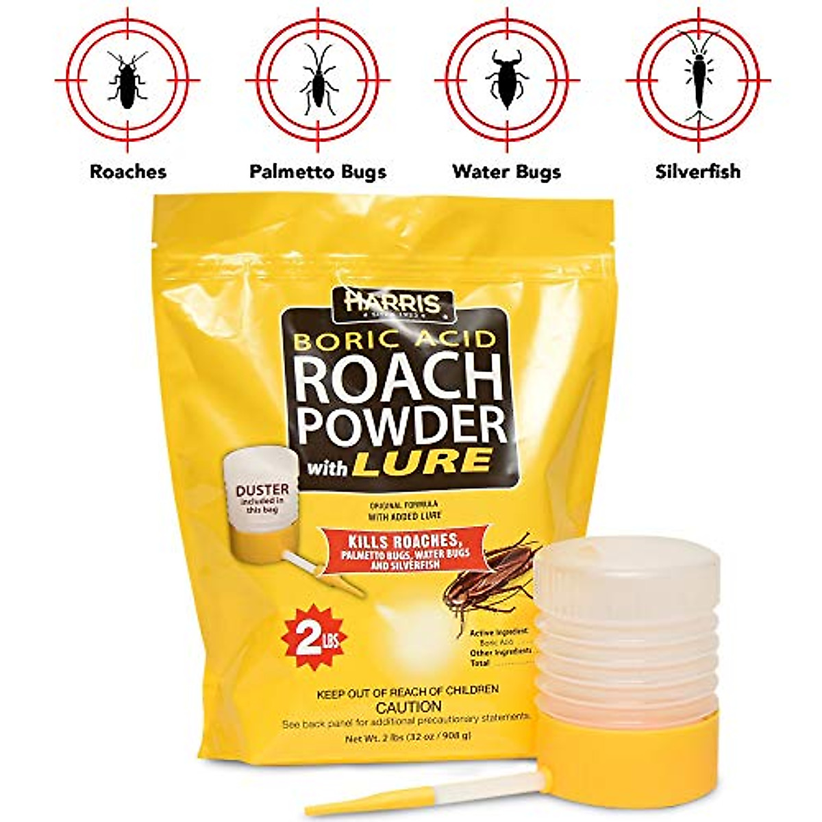 Harris Boric Acid Roach and Silverfish Killer Powder w/Lure, Powder Duster Included in The Bag (32oz)