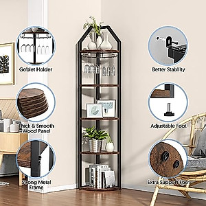 SAUCE ZHAN 70 Inch Rustic Corner Shelf 5 Tier Tall Corner Bookshelf with Storage Industrial Corner Shelf Stand with Goblet Holder Wooden Bookcase for Living Room, Kitchen, Small Space - Brown