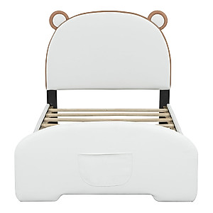 Harper & Bright Designs Twin Size Upholstered Platform Bed Frame with Bear-Shaped Headboard and Footboard for Boys Girls Kids Toddler,Brown+White (White5)