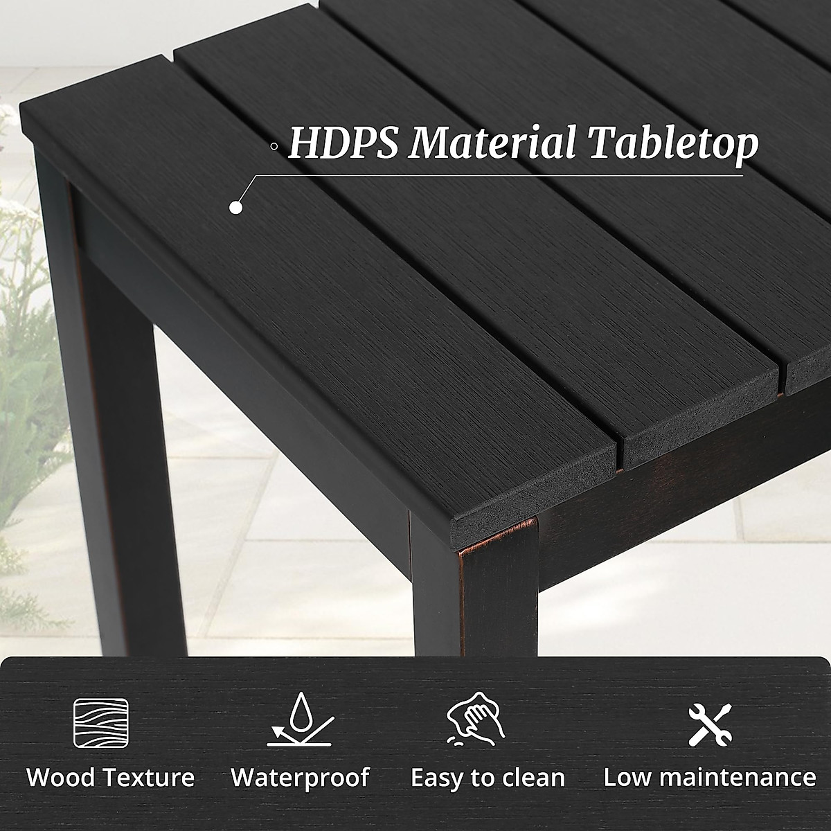 Cozyman Outdoor Bar Table, 38" Black Patio Bar Height Counter Table, Weather Resistant, Waterproof HDPS Slatted Top Console Table for Hot Tub, Balcony, Yard, Indoor or Outdoor Use