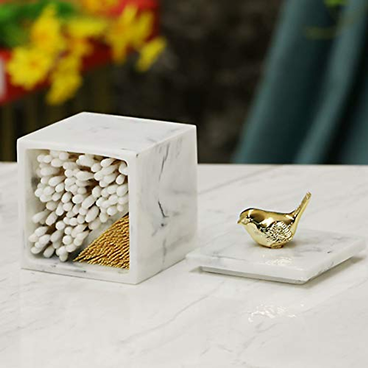 SELLONWANELO Cotton Ball Swab Holder Organizer with Lid Bathroom White Marble Qtip Dispenser Container Makeup Pads Canister