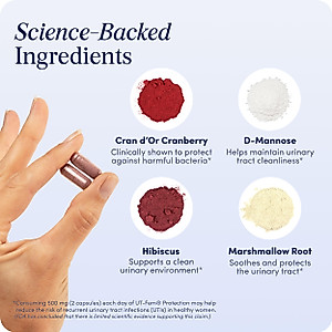 UT-Fem Protection - Urinary Tract Defense for Women, 3-in-1 Daily Defense Formula to Protect Urinary Tract Health, D-Mannose, Cranberry + Hibiscus, Natural Supplement - 60 Vegan Capsules