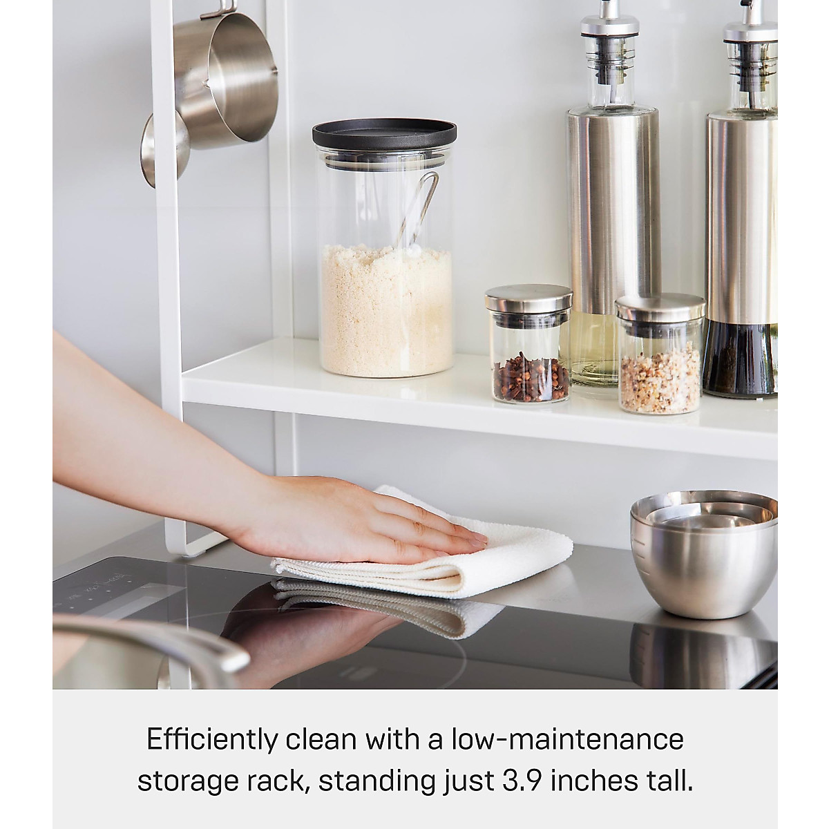 Yamazaki Home Tower Compact 2-Shelf Kitchen Storage Rack | Easy-To-Clean Design, Versatile Hooks - Steel