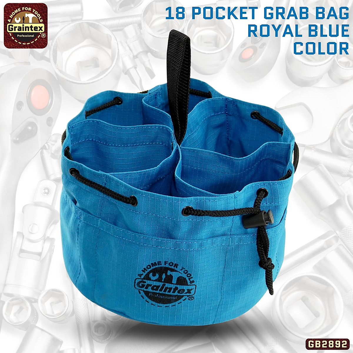 Graintex GB2892 18 Pockets Grab Bag Royal Blue Color Rip-stop Canvas Drawstring Closure, Small Parts Organizer Bag, Parachute Canvas Bag for Screws, Small Tools, Small Parts