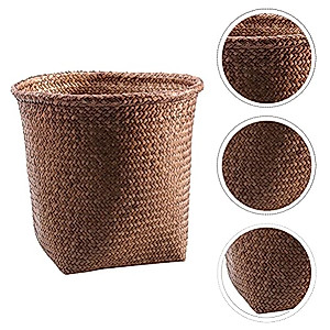 Zerodeko Straw Woven Wastebasket, Small Trash Can Decorative Sundries Storage Basket Wicker Garbage Bin Round Organizer Holder for Bathroom, Kitchen, Bedroom, Home, Office (L SIze)
