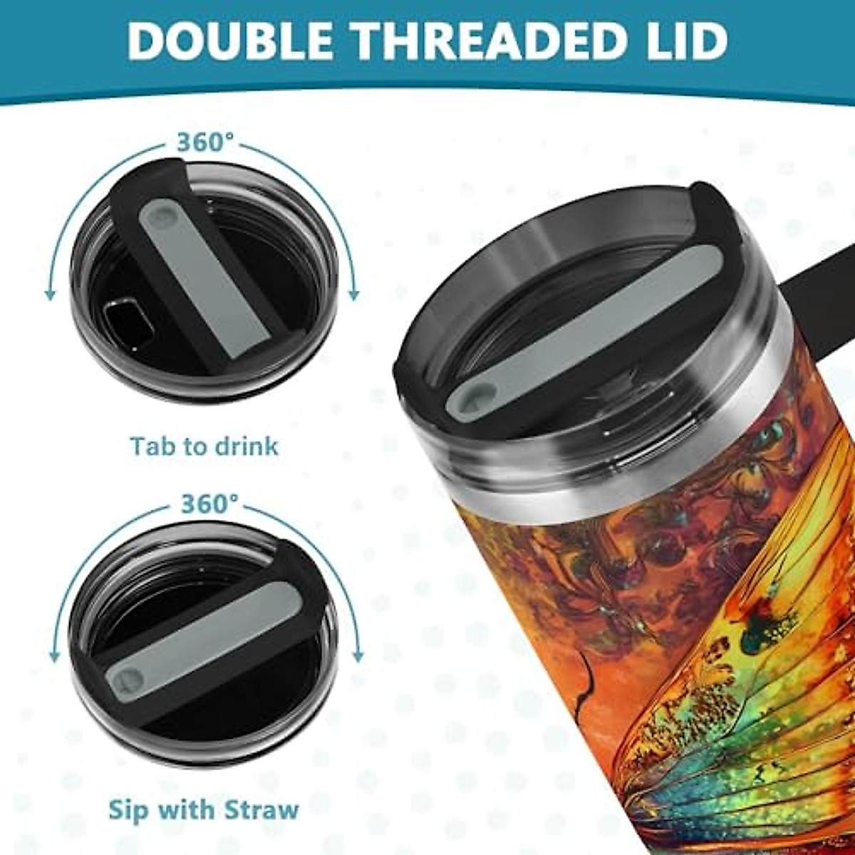 Flradish 30oz Tumbler with Handle, Dragonfly Totem Stainless Steel Tumbler with Lid and Straws Double Wall Vacuum Insulated Leakproof Coffee Travel Mug