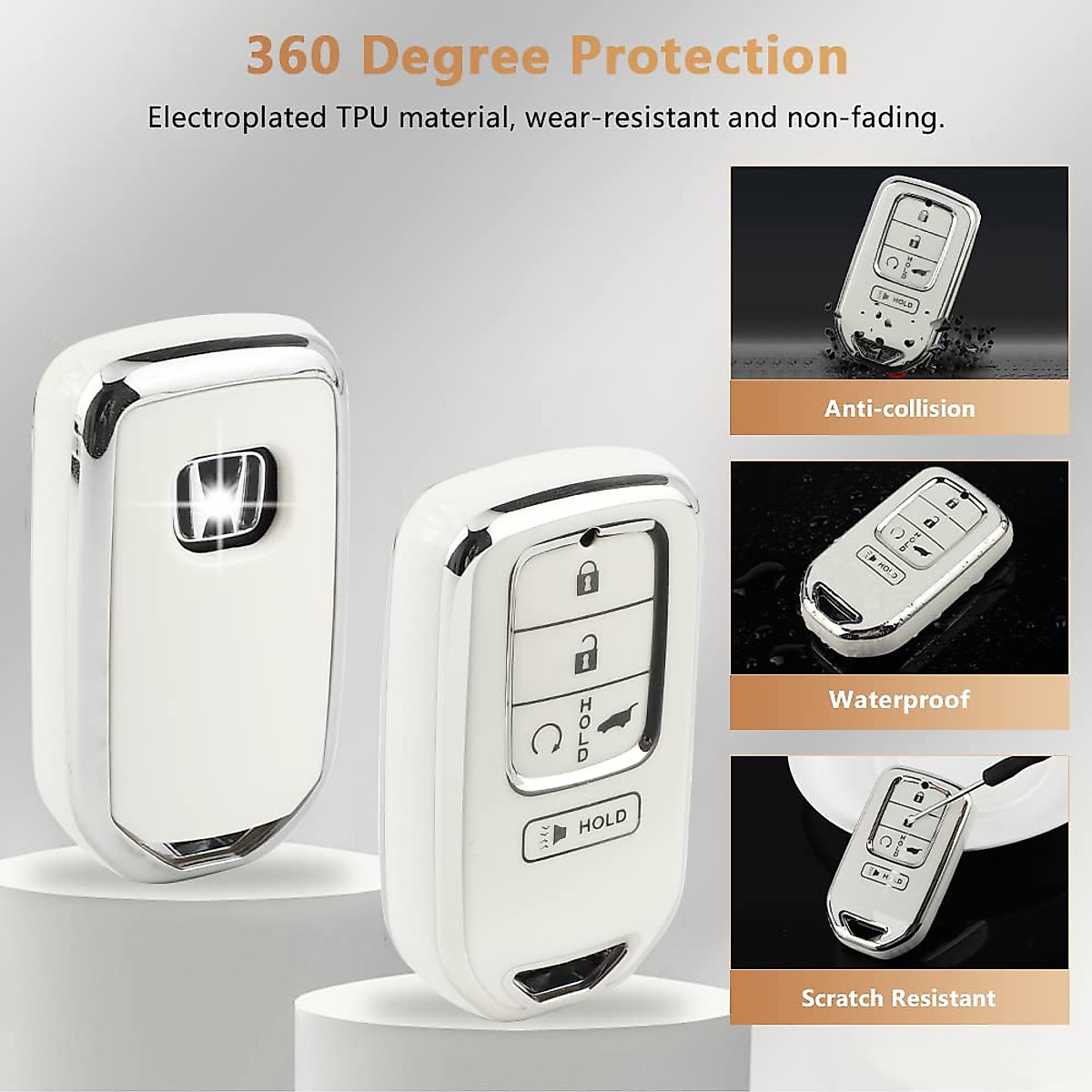 PIFOOG Key Fob Cover for Honda Accord Civic CRV Pilot Passport Insight Accessories White TPU 5 Buttons Smart Keys Case Shell Protector Bling Car Keychain Girly Women