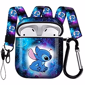 Stitch AirPods Case Protectiv Cover,Fully Protected Shockproof Cartoon case with Keychain Clip Carabiner and Lanyard,Compatible with Apple AirPods 2 and 1 (Star Stitch)