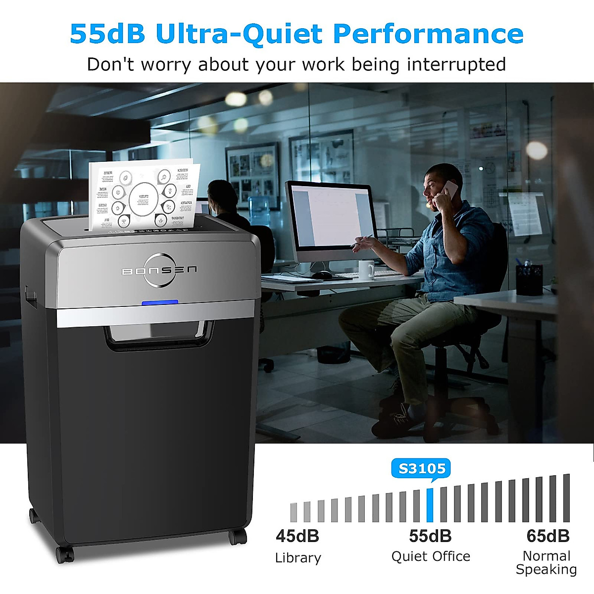 BONSEN Heavy Duty Paper Shredder, 24-Sheet Cross-Cut Shredder, 40-Min Continuous Running Time, Commercial Grade Shredder for Office, 9-Gallon Big Basket, 55dB Super Quiet, P-4 High Security (S3105)