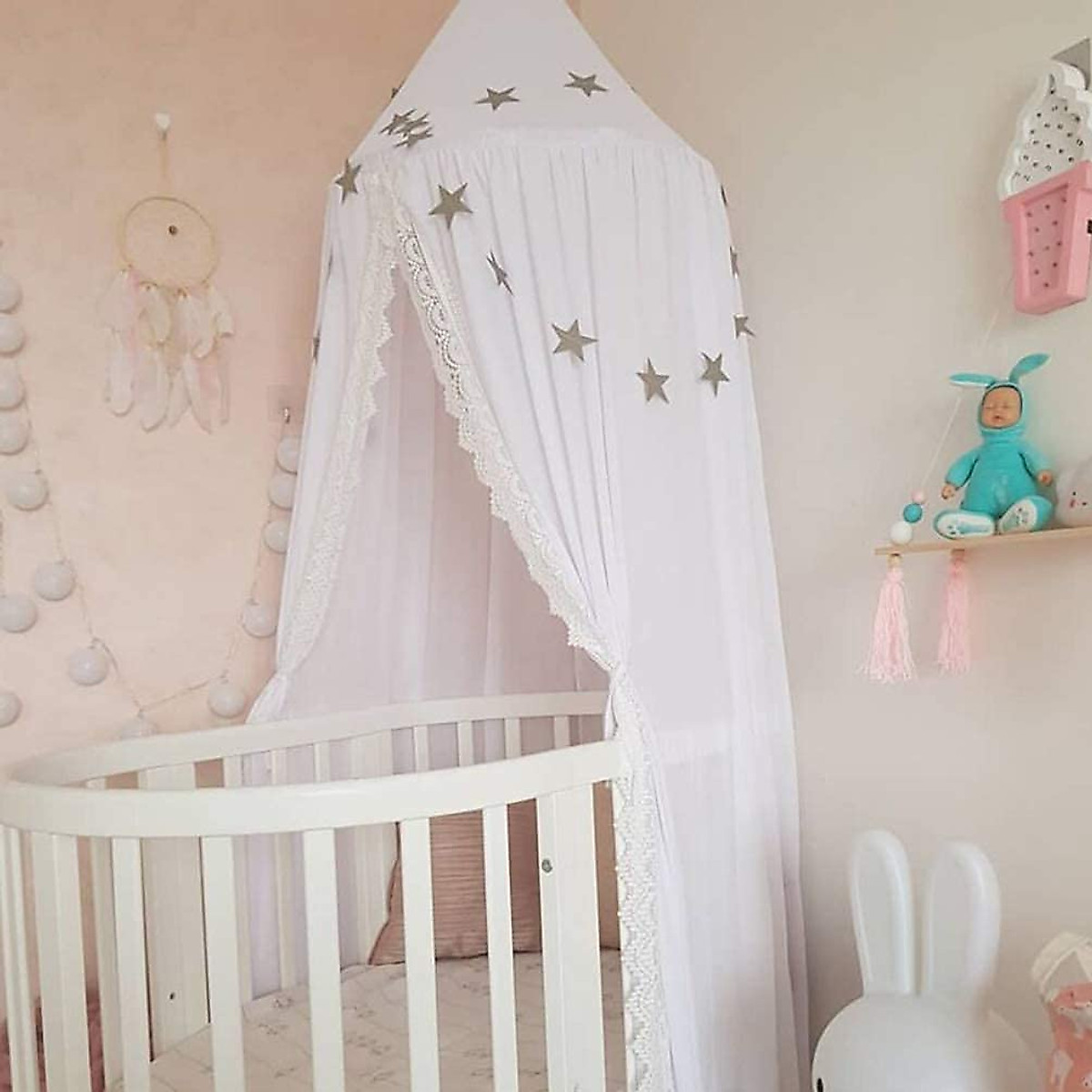 LOAOL Kids Bed Canopy with Lace Sheer Chiffon Hanging Canopy Net for Baby Crib Nook Castle Game Tent Nursery Play Room Decor (White)