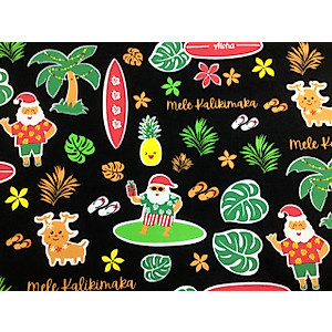 Mele Kalikimaka Hawaiian Christmas Surfing Santa in Black Background Hawaiian Print 100% Cotton Fabric Sold by The Yard