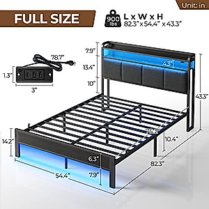 Rolanstar Bed Frame Full Size with Charging Station and LED Lights, Upholstered Headboard with Storage Shelves, Heavy Duty Metal Slats, No Box Spring Needed, Noise Free, Easy Assembly, Dark Grey