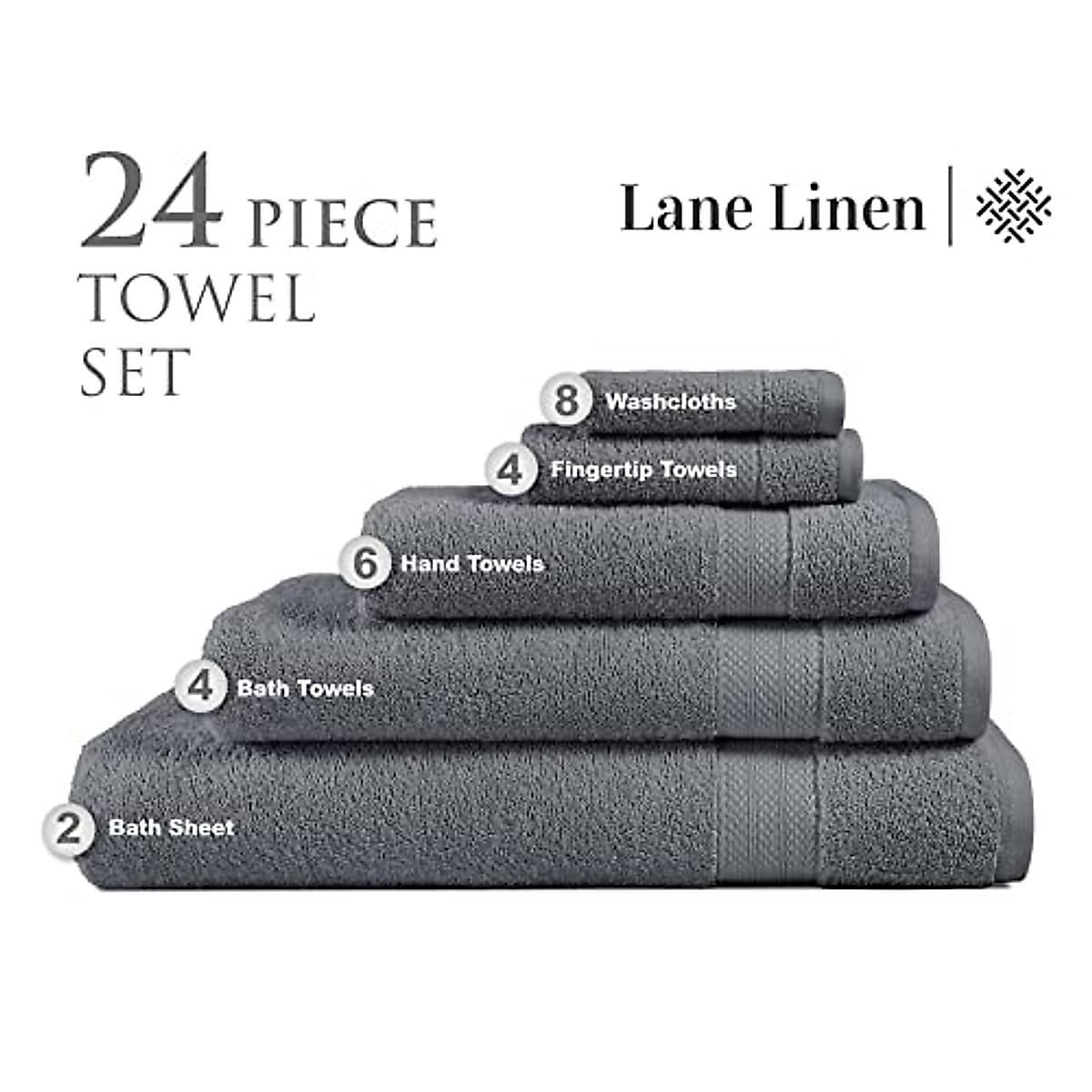 LANE LINEN 24 Piece Towels for Bathroom - 100% Cotton Oversized Bath Quick Dry Spa 2 Extra Large Sheet 4 Towel 6 Hand 8 Wash Cloths Fingertip Cool Grey