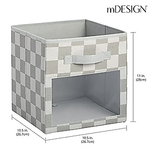 mDesign Fabric Nursery/Playroom Closet Storage Organizer Bin Box, Front Handle/Window for Cube Furniture Shelving Unit, Hold Toys, Clothes, Diapers, Bibs, 4 Pack, Gray Checkered