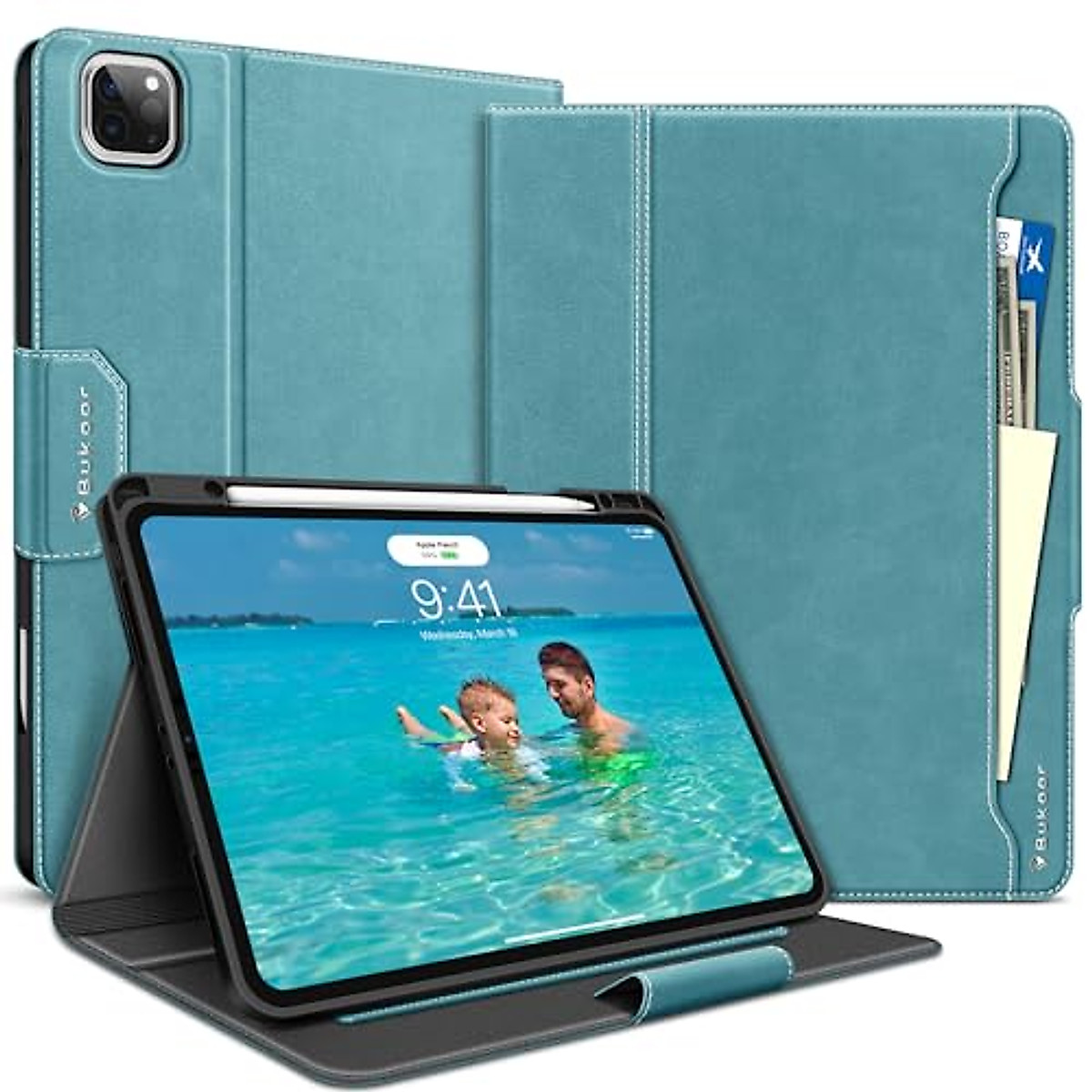 BuKoor iPad Pro 12.9 inch Case 6th/5th/4th/3rd Generation with Apple Pencil Holder, PU Leather Folio Smart Stand Magnetic Clasp Shockproof Cover for iPad Pro 12.9 2022/2021/2020/2018(Tempo Green)