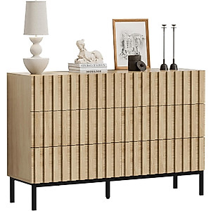 UEV Natural Wood Dresser for Bedroom,Mid Century Modern Dresser,Fluted 6 Drawer Dresser with Metal Stand,Accent Chest of Drawers for Bedroom,Living Room,Hallway
