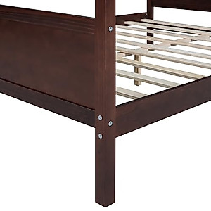 WOODRK Queen Size Canopy Platform Bed Frame with Headboard and Footboard, Wood Slat Support Leg, Modern Design Platform Beds with 4 Canopy Columns, for Bedroom, No Box Spring Needed, Espresso