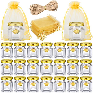 Nuogo 100 Set 1.5 oz Mini Hexagon Glass Honey Jars Small Honey Jars with Bee Pendants, Twine, Golden Gift Bags, Honey Jars with Gold Lids Glasses Canning Jars for Baby Shower, Wedding Favors