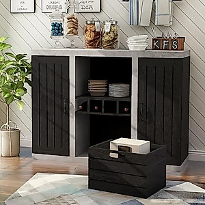 HOMES: Inside + Out FGI-1777C1 Cato Industrial Two-Tone Buffet with Open Shelf, Wine Bottle Holder, Slatted Drawer and Cabinets, Black and Cement