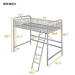 Twin Loft Bed with Full-Length Guardrail and Ladder (Silver)