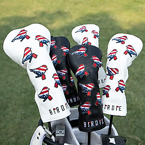 Golf Wood Head Covers Driver Cover 3 Wood Headcover Hybrid Head Covers Embroidery White USA American Flag Birdie Design Golf Club Headcovers Leather Hand-Made Wood Head Cover for All Golf Wood Clubs