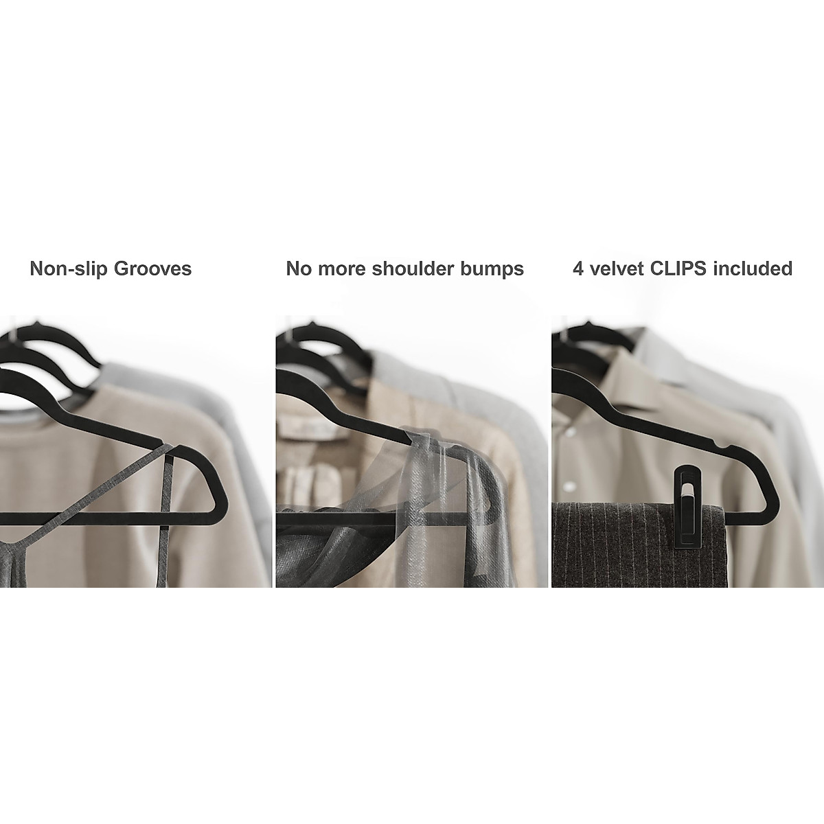 Velvet Hangers 26 Pack with Clips - Non Slip Black Felt Hangers - Space Saving Clothes Hangers for Coat, Shirt, Pants & Dress - Slim Heavy Duty Hangers for Clothing