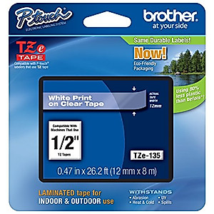 Brother Genuine TZe-135 1/2" White on Clear Standard Laminated Tape for P-Touch Labeler, 4 Pack