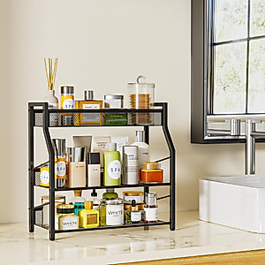 Dunatou 3 Tier Spice Rack, Kitchen Storage Organizer Shelf for Countertop, Metal Seasoning Storage Shelf with Guardrail and Mesh Design for Kitchen, Countertop, Dining Room, Black