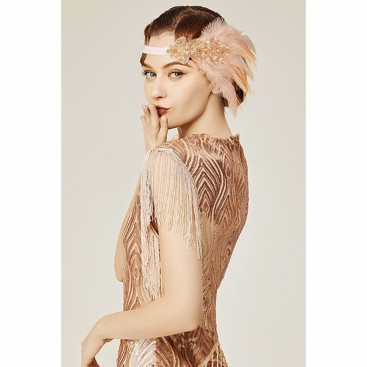 BABEYOND 1920s Flapper Headpiece Roaring 20s Great Gatsby Headband Vintage Feather Headband 1920s Flapper Gatsby Hair Accessories (Champagne)