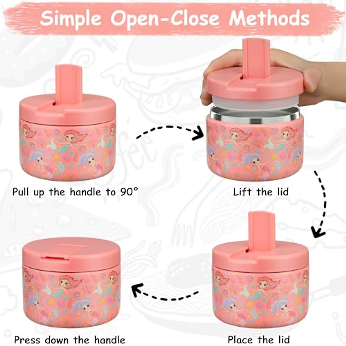 Pawtong 12oz Insulated Vacuum Food Jar with Buckle Lid Wide Mouth Soup Thermo for Hot Food Kids Leakproof Stainless Steel Lunch Container (Pink-Mermaid)