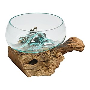 Creative Co-Op Recycled Glass Bowl on Natural Teakwood Base