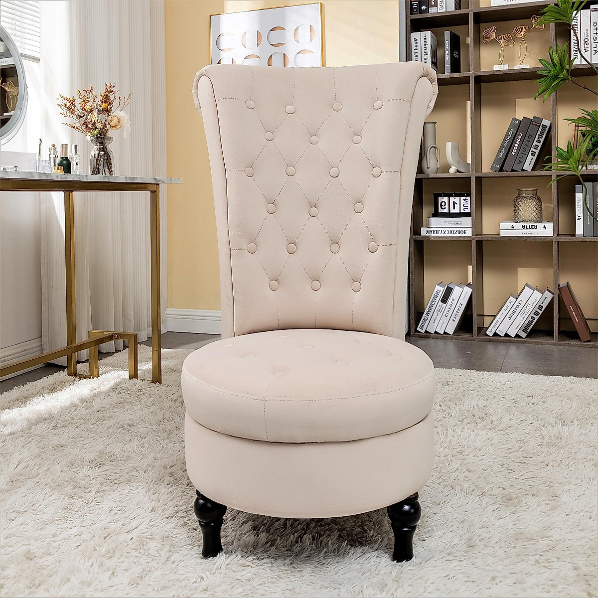 Container Furniture Direct Royal High-Back Velvet Accent Chair for Vanity with Storage and Luxurious Upholstery, Retro Design and Versatile Usage for Living Room, Bedroom, Lounge and Office, Ivory