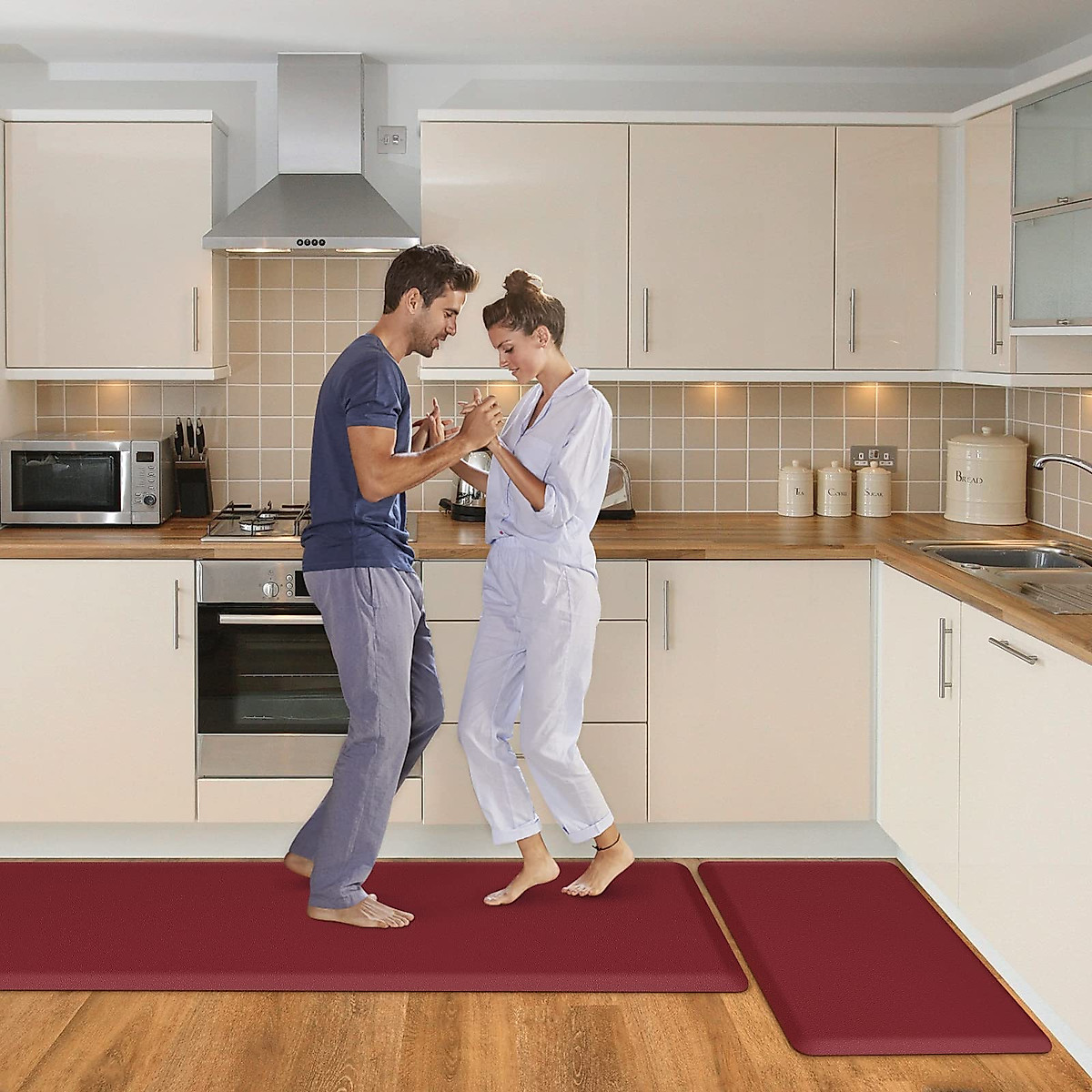 HappyTrends Kitchen Mat,17.3"x28"+17.3"x60" Red, Cushioned Comfort Anti-Fatigue Waterproof Floor Mat Kitchen Rugs, Thick Perfect Ergonomic Foam Standing mat for Kitchen, Home, Office, Laundry