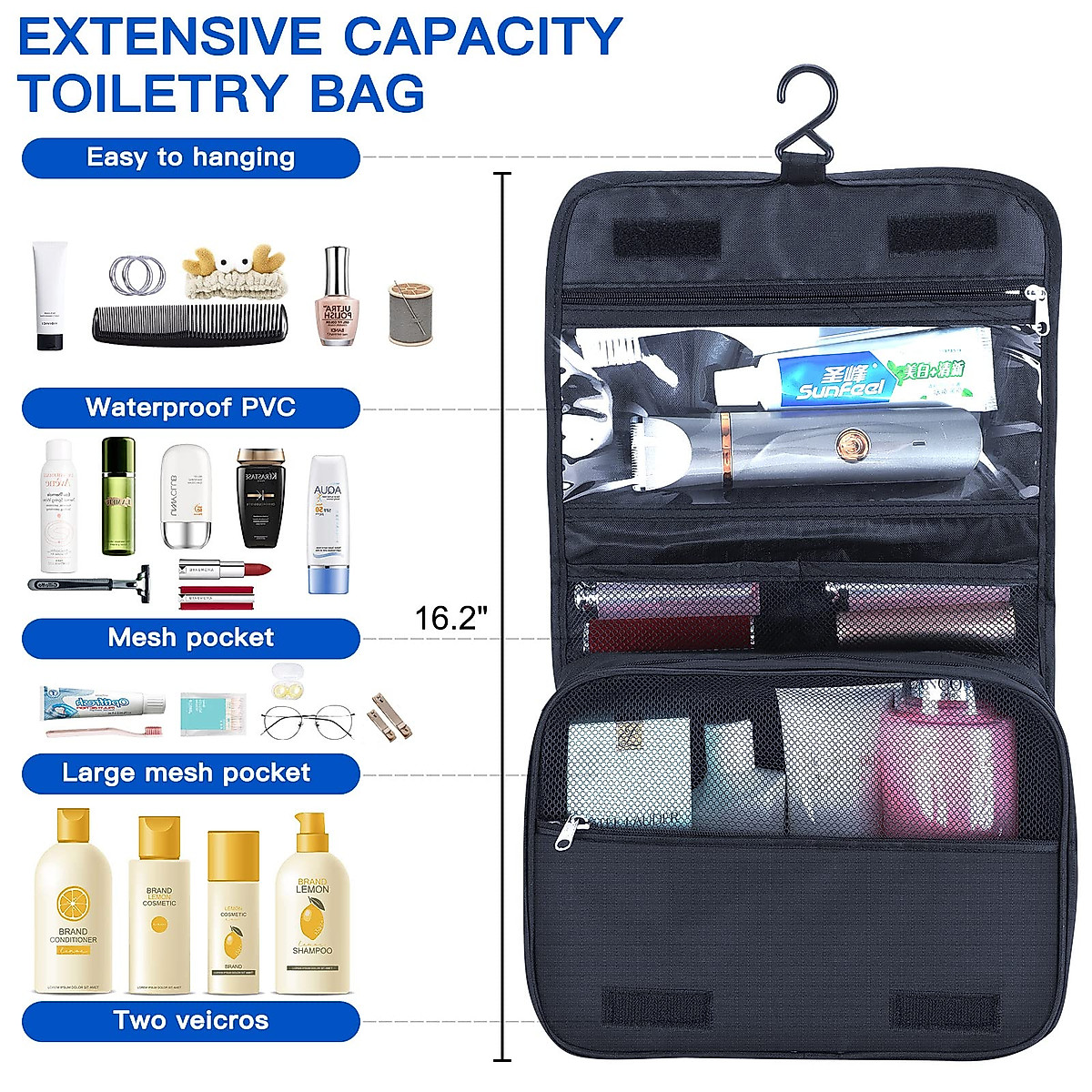 Aomiduo Portable Hanging Travel Shelves with Toiletry Bag Set, OUMEDUO Premium Durable Oxford Packing Cubes for Suitcases Hanging Carry on Closet Luggage Organizers for Travel