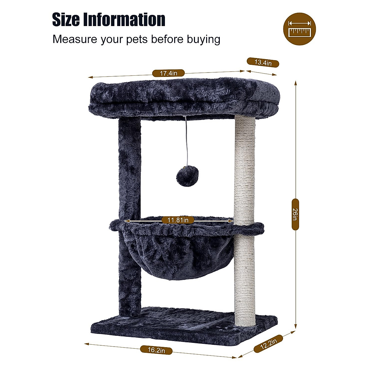 SYANDLVY Small Cat Tree for Indoor Cats, Activity Cat Tower with Scratching Post for Kittens, Cat Condo & Furniture with Basket & Hanging Ball for Play Rest