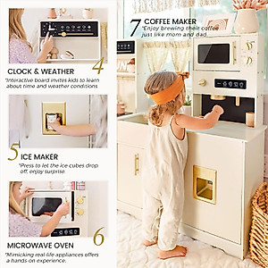 Tiny Land Play Kitchen for Kids, Toy Kitchen Set with Plenty of Play Features, New Modern Kids Wooden Play Kitchen Designed in Trendy Home Style with Curtains, Gift for Ages 3+