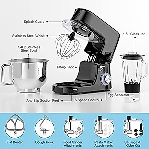 Stand Mixer, 6 IN 1 Multifunctional Electric Kitchen Mixer 660W 6 Speed with 7.4QT Stainless Steel Bowl, 1.5L Glass Jar, Meat Grinder, Dough Hook, Whisk, Beater, Sausage Kit, Food Mixer for Baking