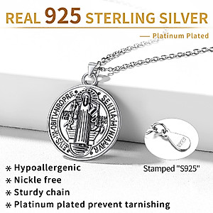 Nofade Silver Saint Benedict Cross Necklace for Men Women, 925 Sterling Silver Round St Benedict Pendant Necklace Coin Medallion Necklace Talisman Amulet Jewelry