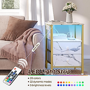 YATINEY Nightstands Set of 2 with Charging Station, End Table with LED Lights and Lazy Susan Organizer, Rotating Spice Rack, 2 Tier Spice Turntable Organizer ET12L2DM-SR22DW