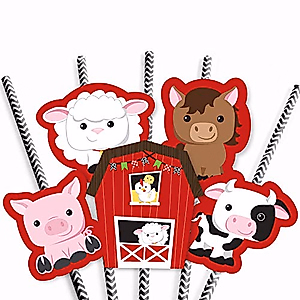 Farm Animals Paper Straw Decor - Baby Shower or Birthday Party Striped Decorative Straws - Set of 24