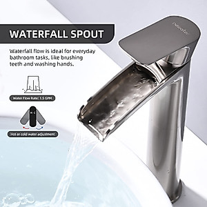 NEWATER Waterfall Spout Tall Vessel Bathroom Sink Faucet，Basin Mixer Tap Single Handle One Hole Brushed Nickel