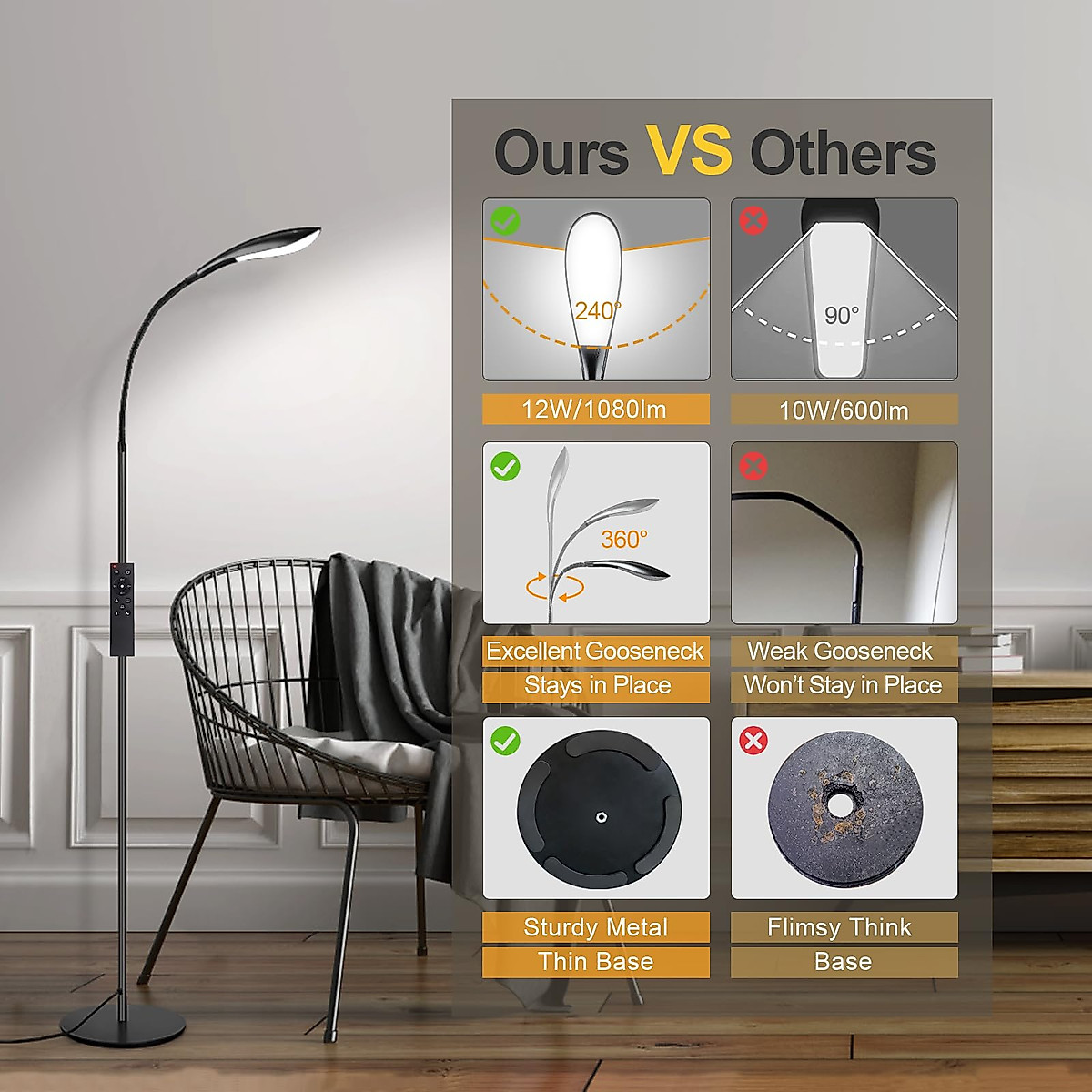 OUTON LED Floor Lamp, 12W 1080LM, Dimmable Adjustable Gooseneck Standing Lamp with 4 Color Temperature, Remote & Touch Control, 1H Timer, Memory Function for Reading Living Room Bedroom Office (Black)