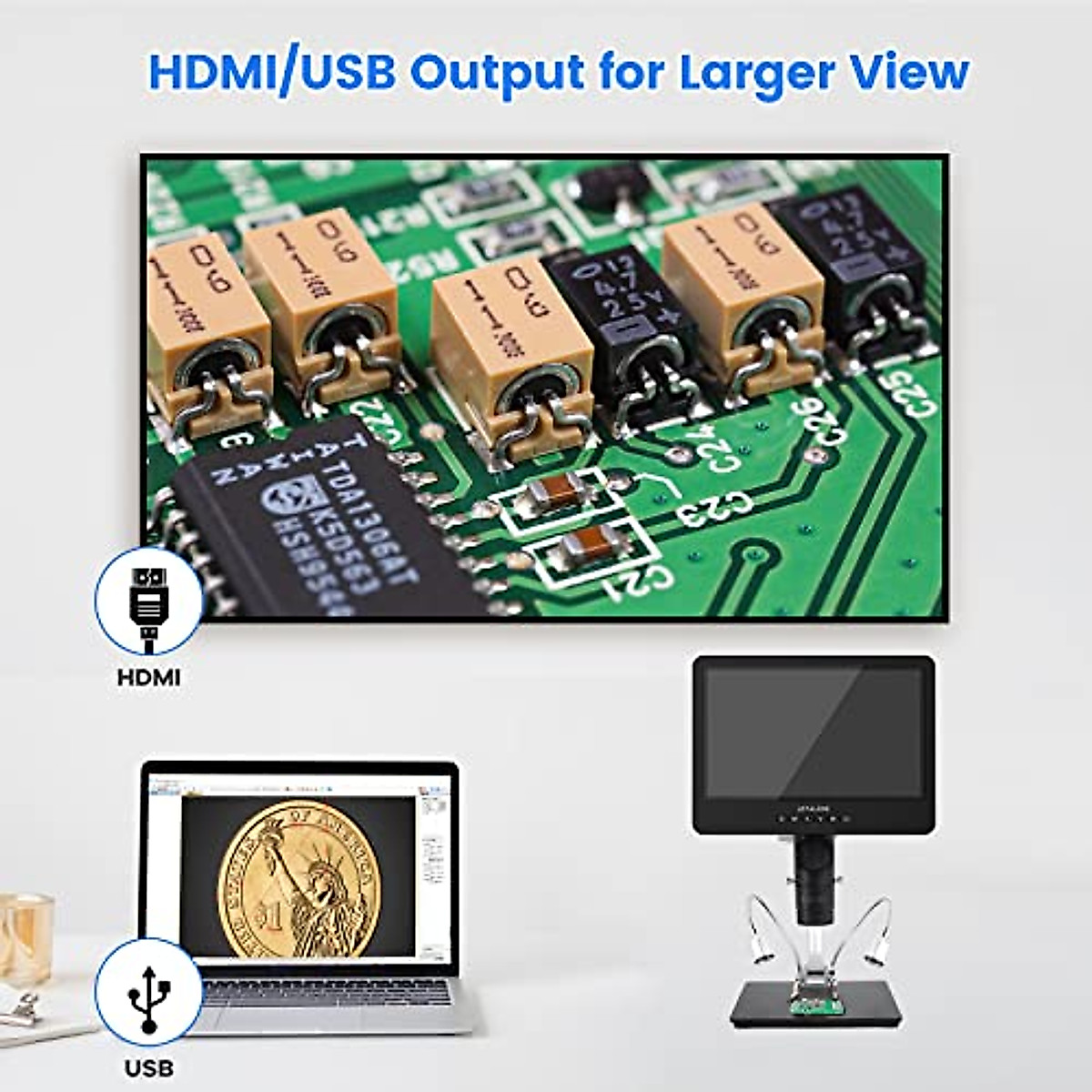 JOYALENS JL249MS 3 Lens 10 Inch LCD HDMI Digital Microscope 2000x, 24MP Soldering Microscope Pro Metal Stand for Vertical Horizontal Adjust, Coin Microscope, Biological Microscope, PC Compatible, 32GB
