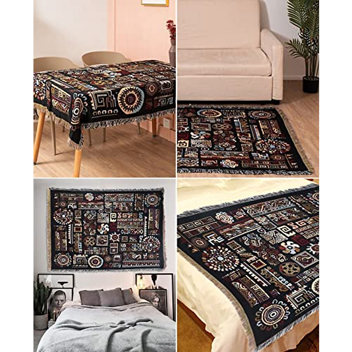 UNIGARDEN Boho Throw Blanket, Cotton Throw Blankets for Couch Soft Chair Beding Bohemian Decor (Small 51X63Inches, Black)