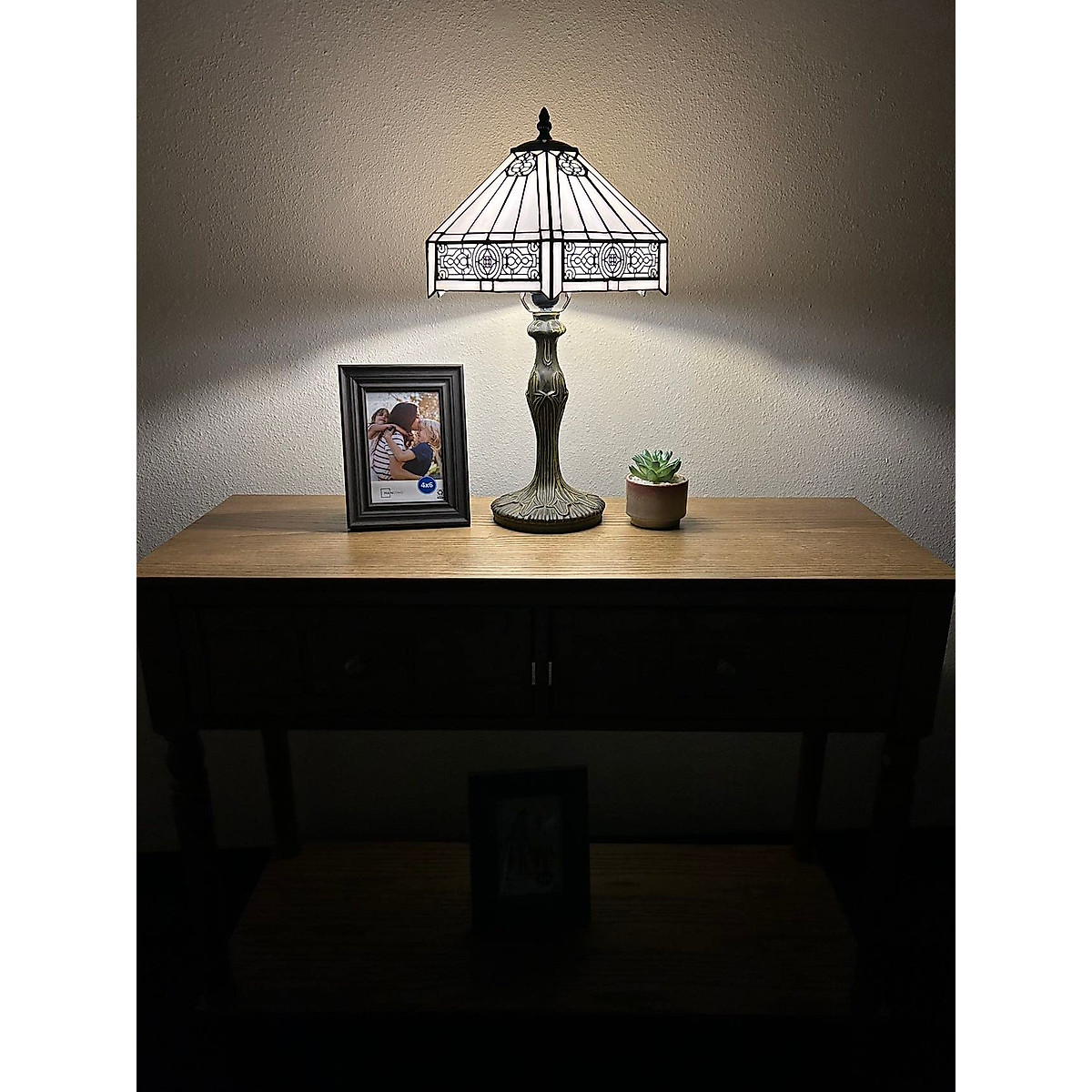 enjoy decor lamps Tiffany Table Lamp White Stained Glass Hexagon LED Bulb Included for Living Room Dining Room Bedroom Bedside 12'W*12" D*19" H